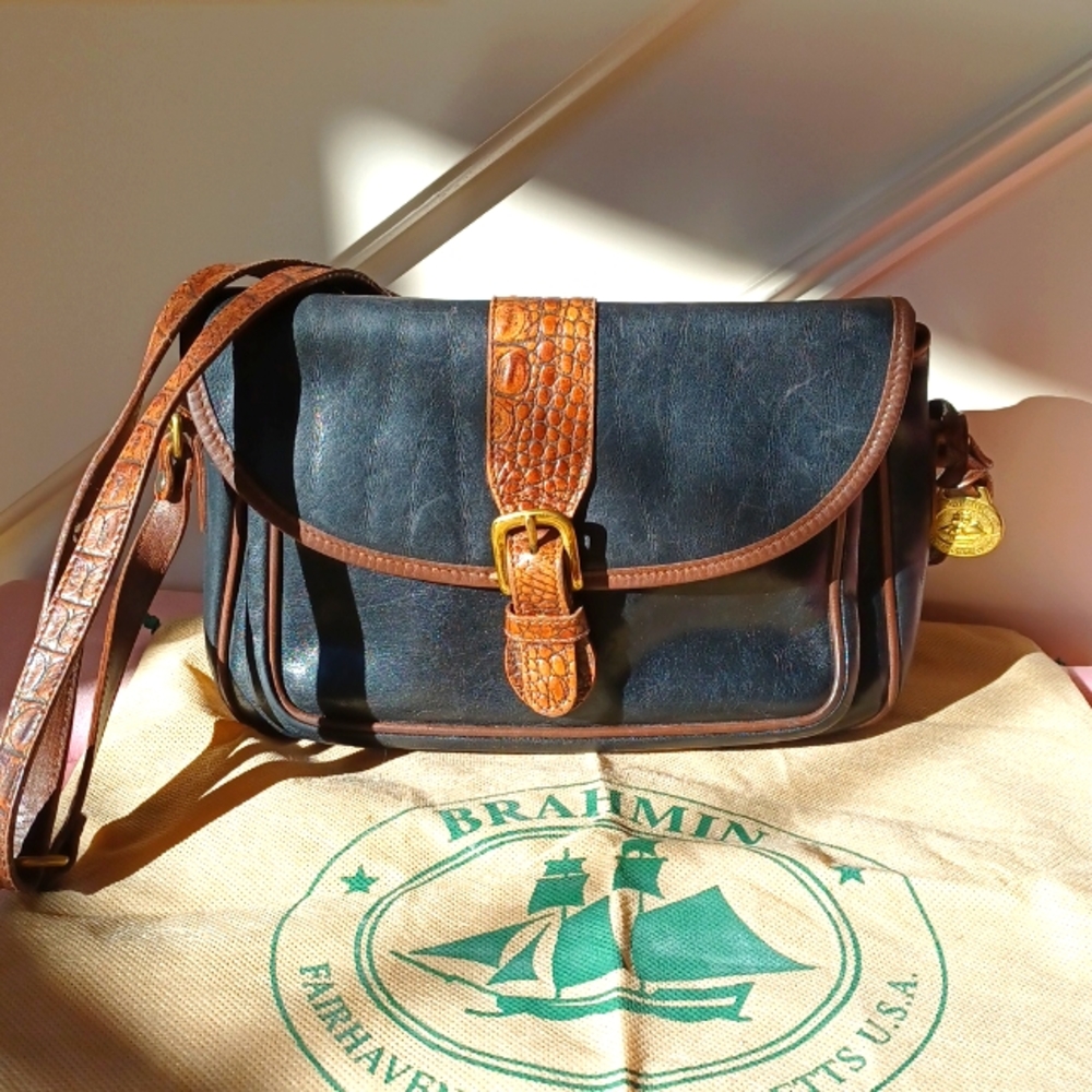 Brahmin Satchel Front Flap Purse, Black & Brown Croc … - Gem